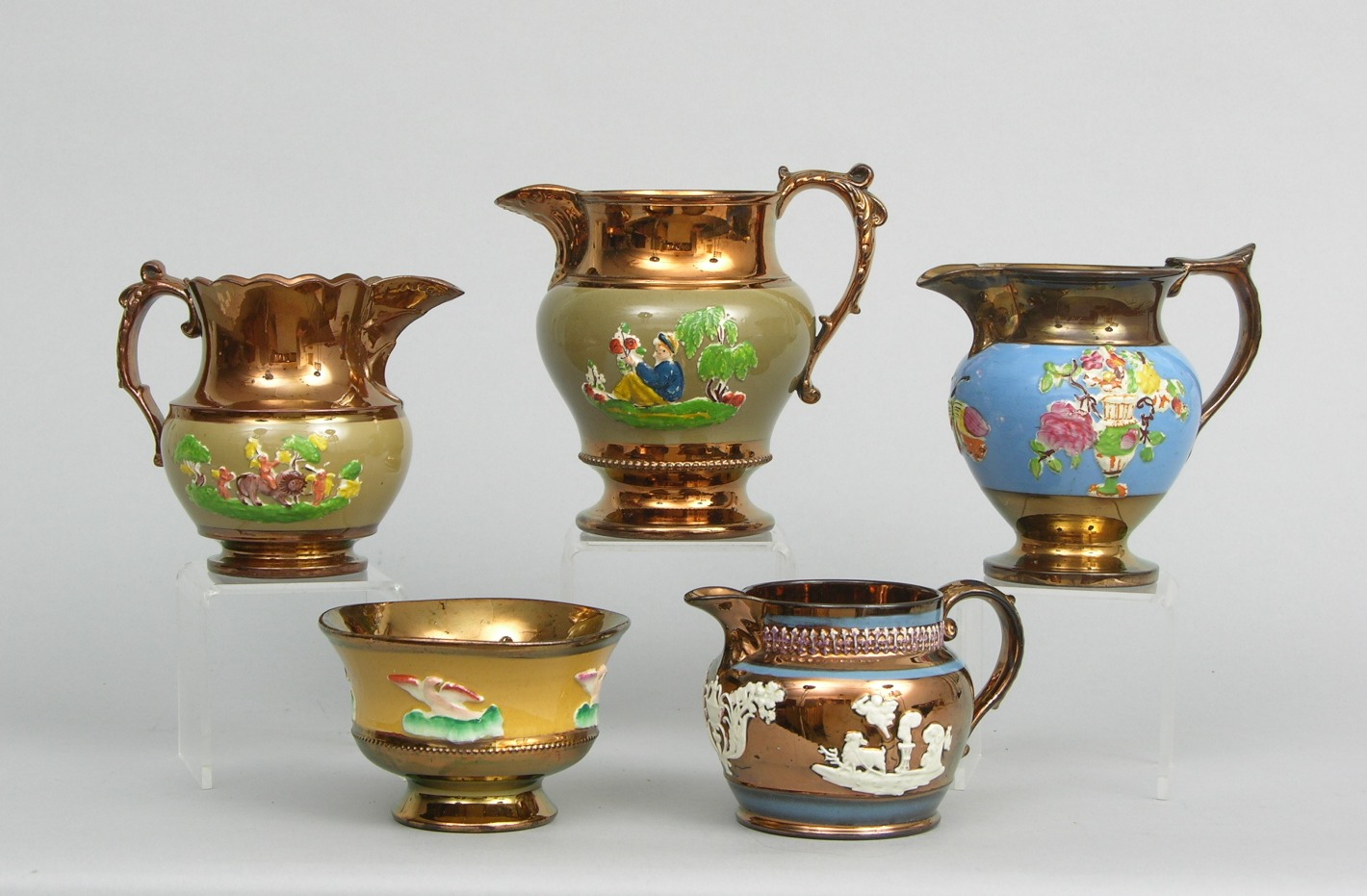 A Lot of Five Copper Lustre Items with Raised Decorations, 09.15.06 ...