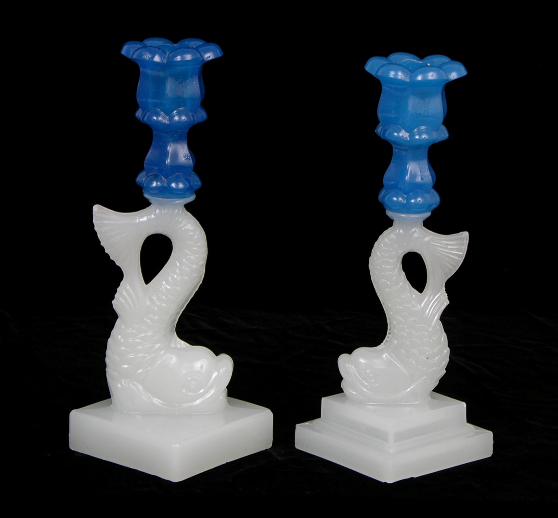 A Set of Sandwich Glass Dolphin Candlesticks, ca. Mid-19th Century, 09. ...