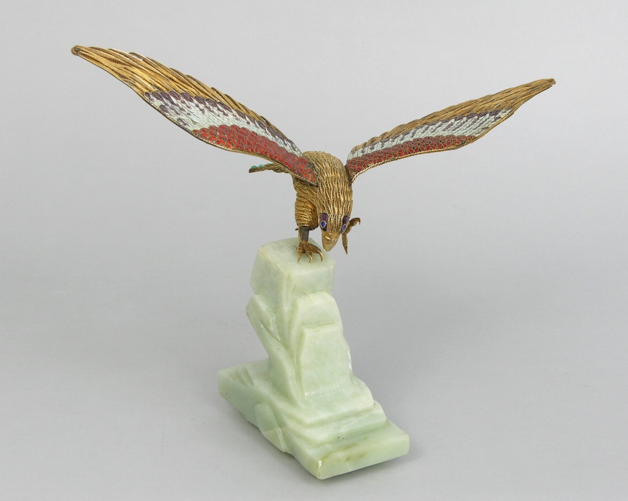 A Gilt and Enamel Silverwire Hawk on a Green Jade Base, 11.20.08, Sold ...