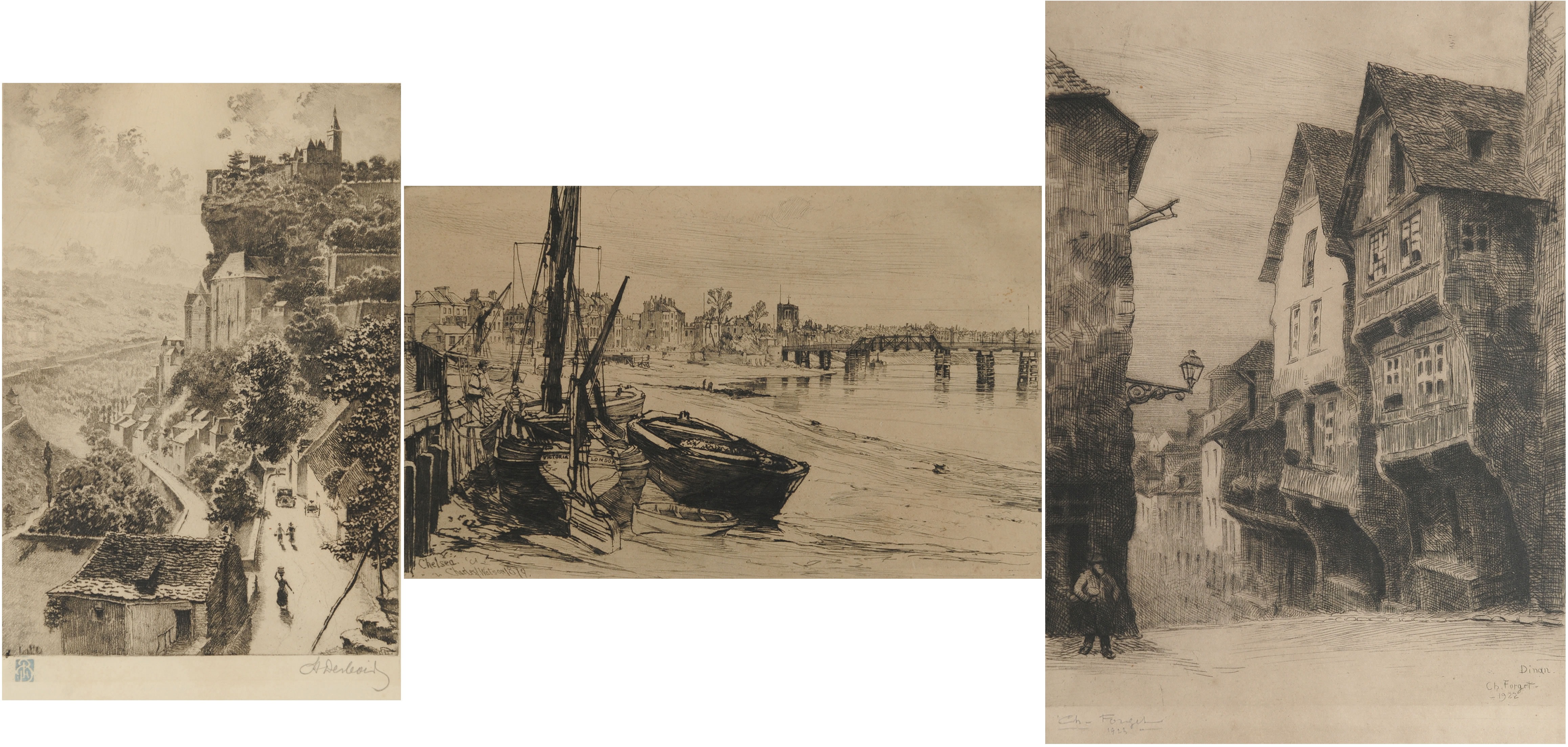 Three Etchings; Charles Jean Forget (French, b. 1866) and Charles John ...