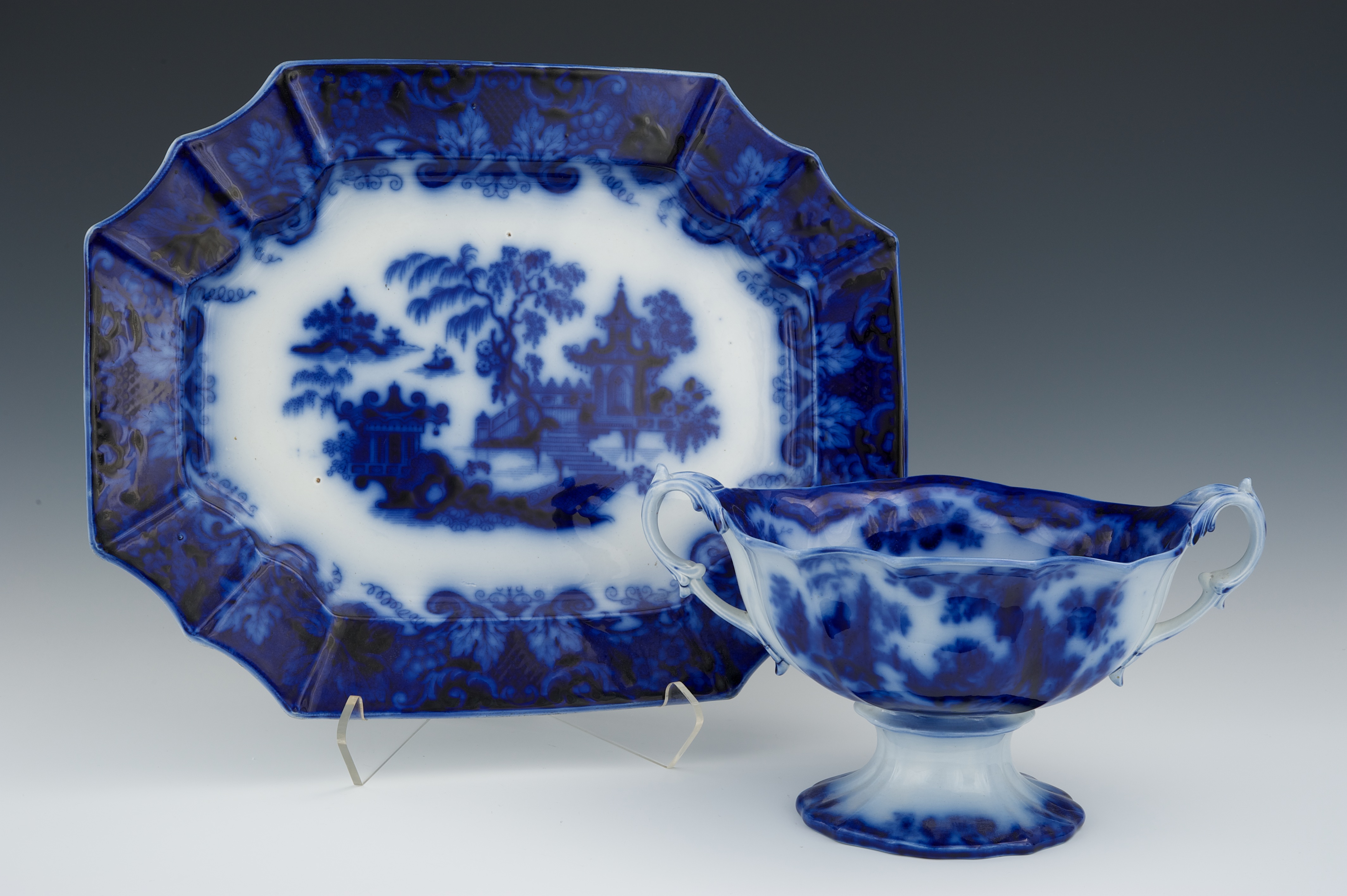 A Large Flow Blue Ironstone "Scinde" Platter and Pedestal Bowl, 09.23. ...