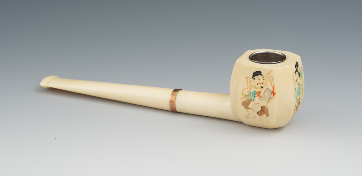A Signed Carved Ivory, 14k Gold, and Silver Smoking Pipe in ...