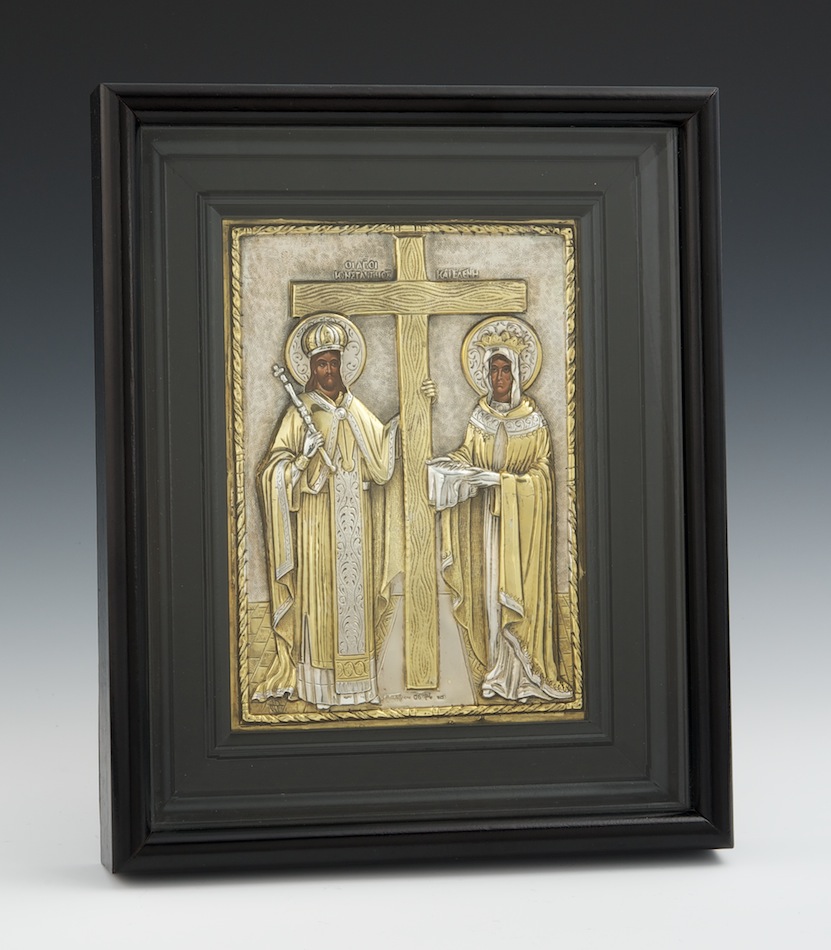 A Byzantine Style Gilded Sterling Silver Oklad Orthodox Icon of Saints ...