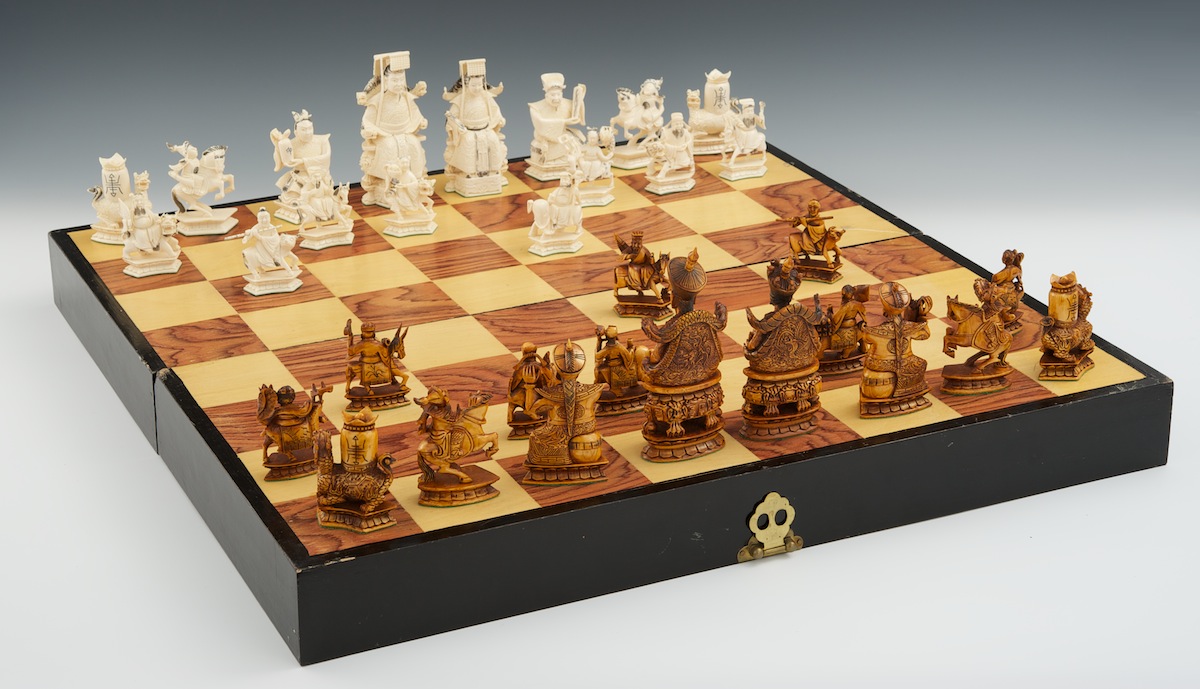 A Chinese Carved Ivory Chess Set with Custom Made Case/Game Board, 05. ...