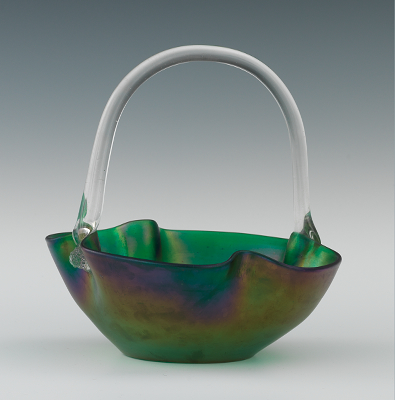A Style Loetz Art Glass Basket with Clear Handle