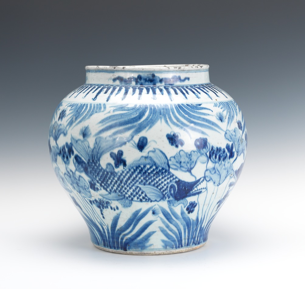 A Yuan/Early Ming Blue & White Fish Jar (Guan), 14th Century, 12.13.12