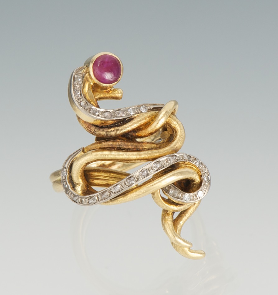 An Ilias Lalaounis 18k Gold, Diamond and Ruby Serpent Ring, ca. 1960 ...