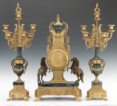 A Brass and Marble Clock and Candlestick Garniture Set, 03.30.12, Sold ...
