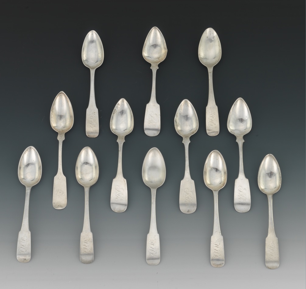 Twelve Fiddle Shape Spoons by John Fries & Possibly James Tookey, ca ...