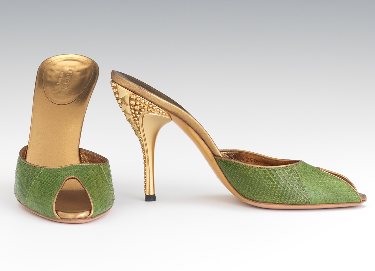 Gucci Peep Toe Snake Mules of Leaf Green and Gold Color, 12.13.13, Sold ...