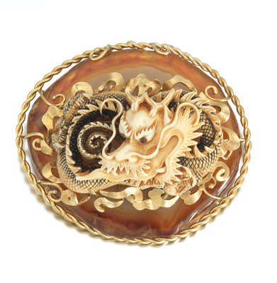 A Monumental Dragon Brooch of Ivory, Gold & Agate, Chinese, 03.21.13 ...