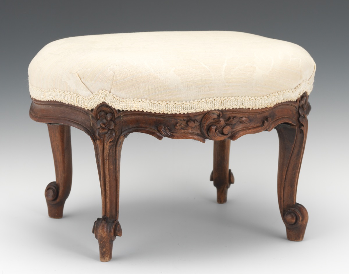 A Small Foot Stool with Off White Damask, 05.23.13, Sold: $149.5