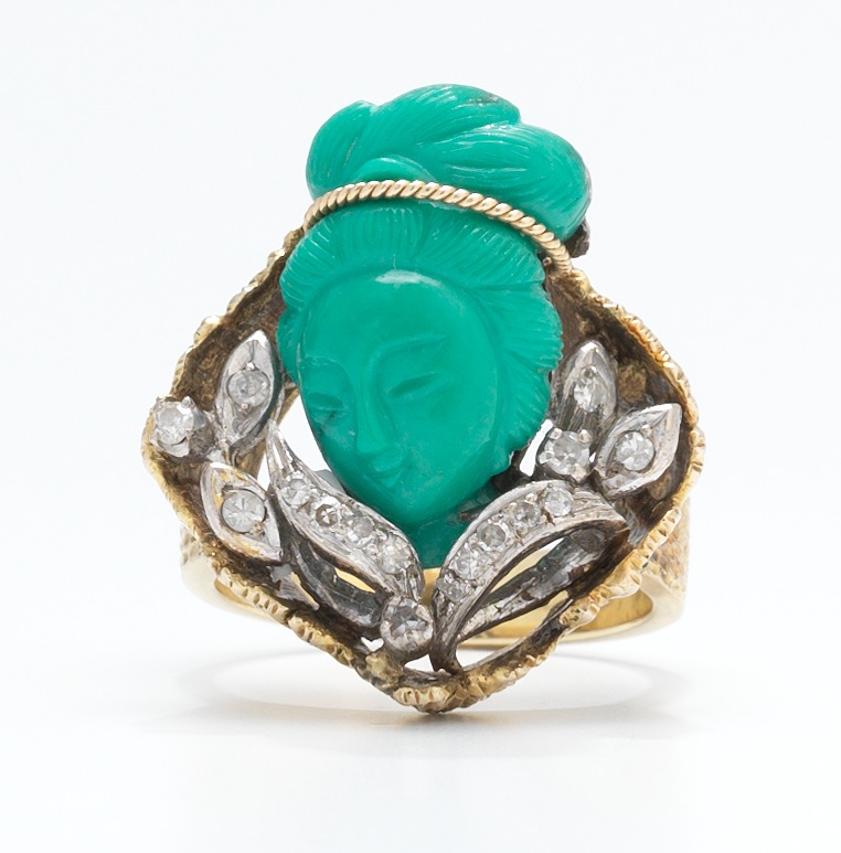 A Ladies' Carved Turquoise and Diamond Ring , 09.20.13, Sold: $920