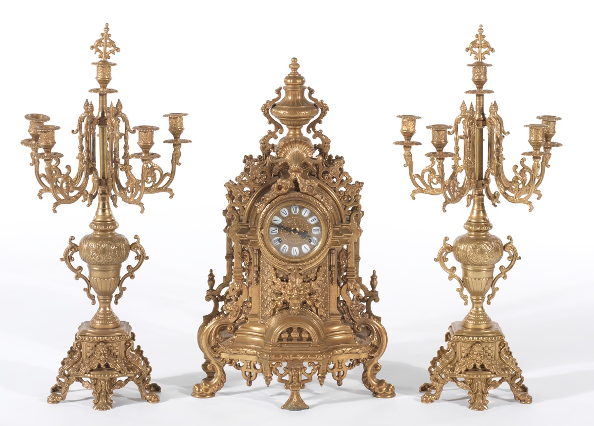Ornate Imperial Brass Three Piece Clock Garniture Set , 05.22.14, Sold ...