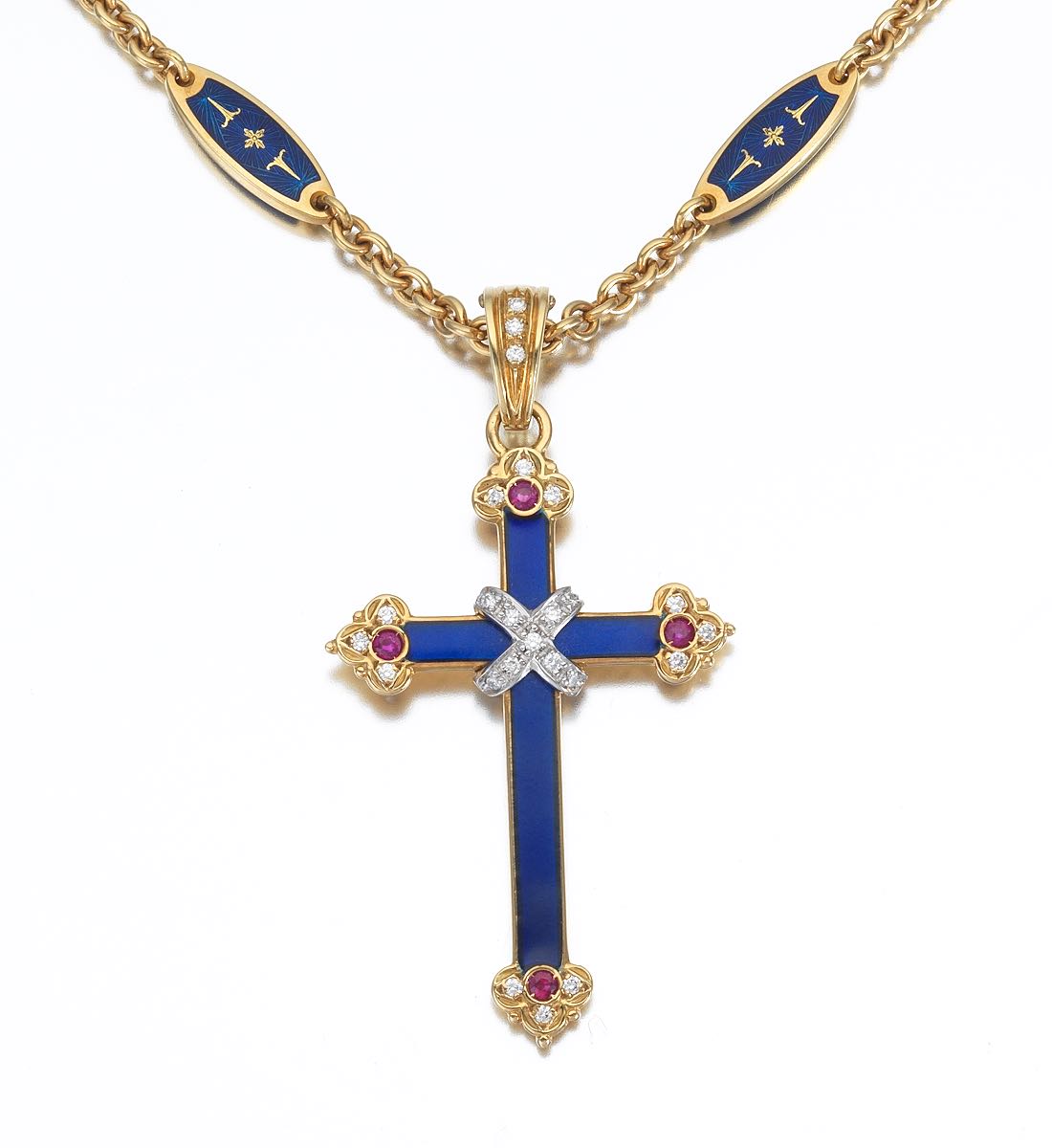 A Faberge Gold and Enamel Cross on Necklace by Victor Mayer, 216/500 ...