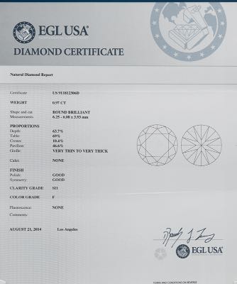 Unmounted 0.97 Carat Round Brilliant Cut Diamond, EGL USA Report , 04. ...