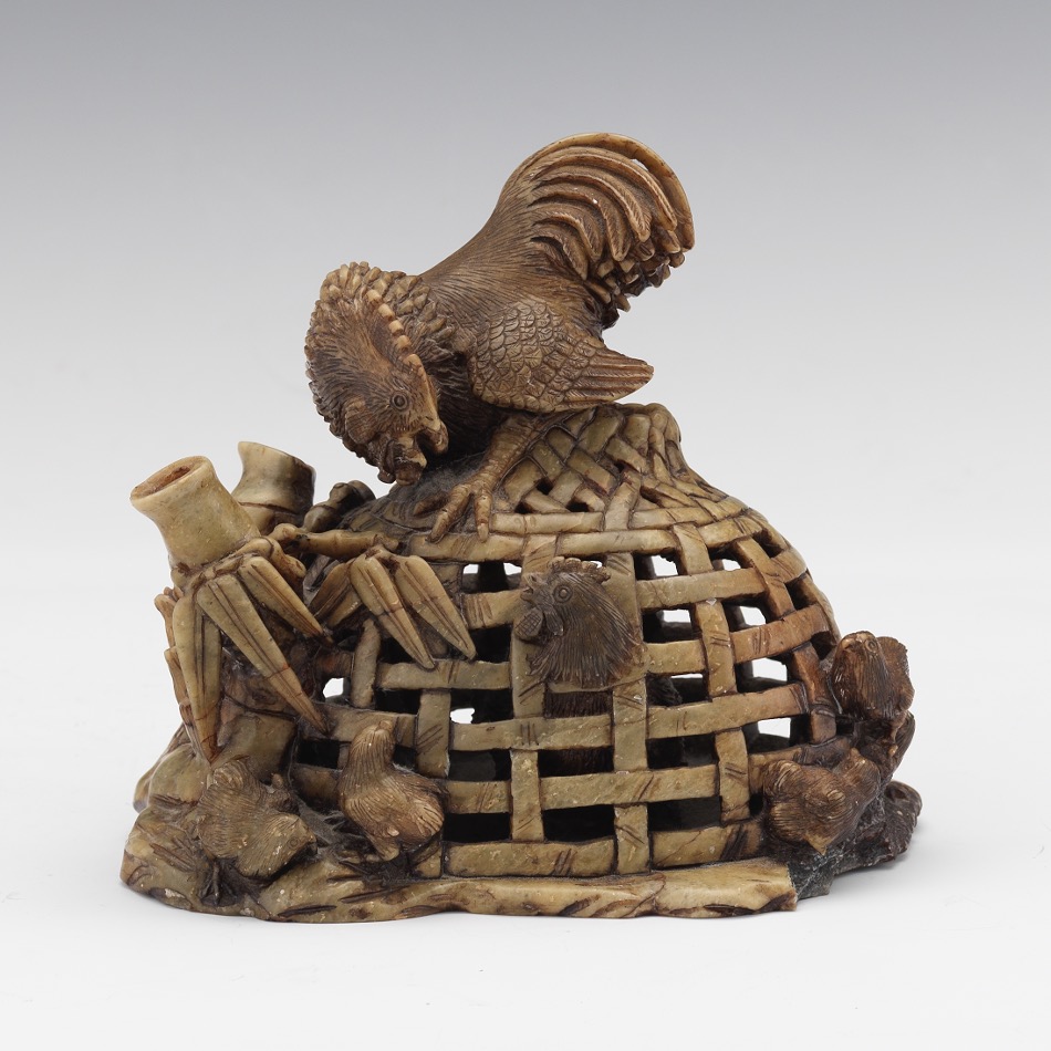 Chinese Carved River Stone Rooster with Chicken and Chicks Grouping, 12 ...