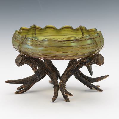 Loetz Threaded Art Glass Bowl with Stag Horn Base, 12.07.17, Sold: $424.8