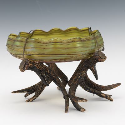 Loetz Threaded Art Glass Bowl with Stag Horn Base, 12.07.17, Sold: $424.8