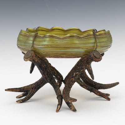 Loetz Threaded Art Glass Bowl with Stag Horn Base, 12.07.17, Sold: $424.8
