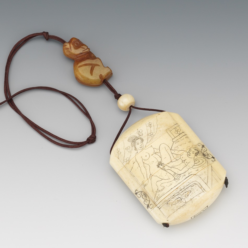 Sagemono with Signed Erotic Inro and Carved Monkey Netsuke, Japanese ...