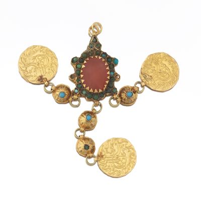 Antique Middle Eastern Gold Pendant with Turquoise and Carnelian , 12.14.18