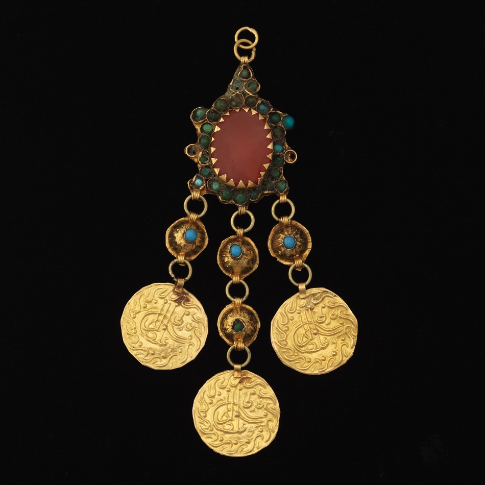 Antique Middle Eastern Gold Pendant with Turquoise and Carnelian , 12.14.18