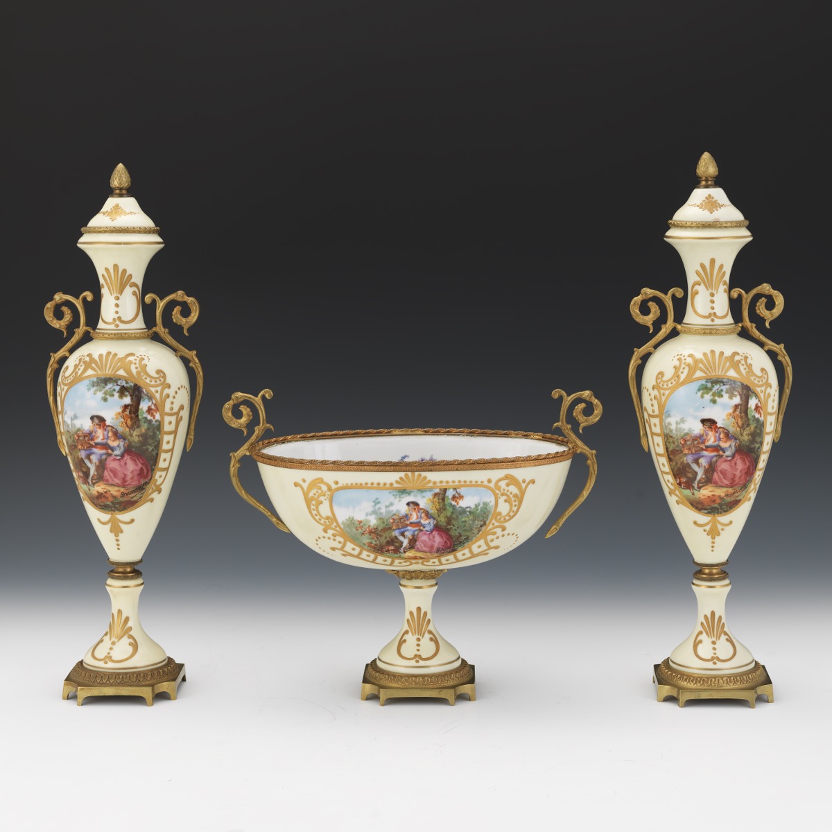 Ferdinand Bing French Gilt Brass and Porcelain Three-Piece Garniture ...