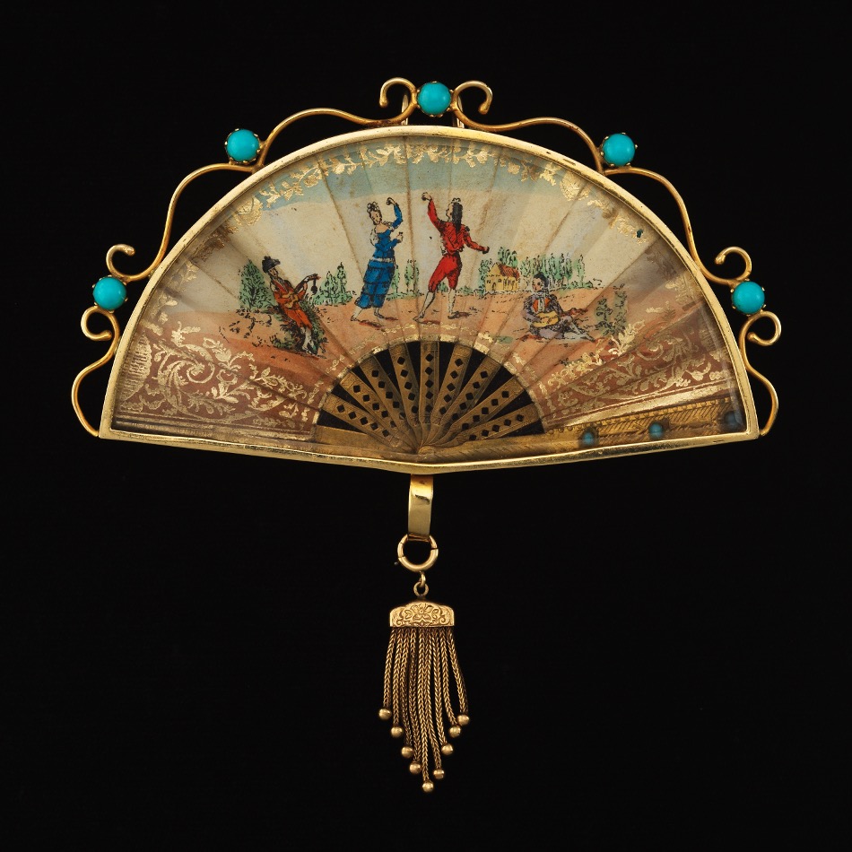 Victorian Gold, Turquoise and Hand Painted Miniature Fan Ornament , 02. ...