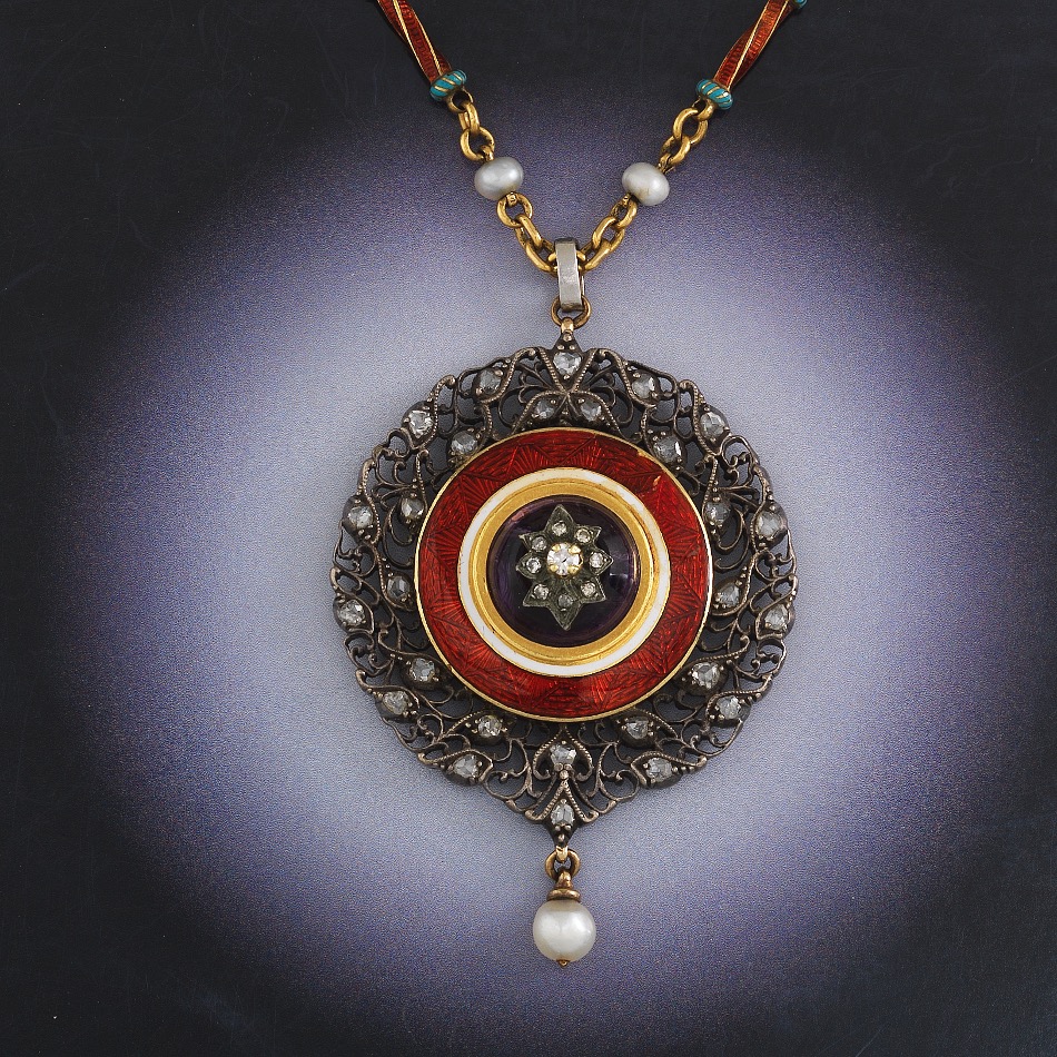 Carlo Giuliano (1874 -1895) Red Guilloche Enamel Necklace with Diamonds ...