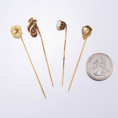 Four Antique Gold Gem Stones and Diamond Stick Pins
