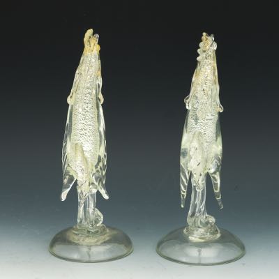 Murano Pair of Glass and Pure Gold/Silver Flakes Cockerels Sculptures