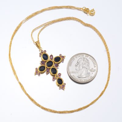 Ladies' Gold, Blue and Pink Sapphire Spanish Colonia Style Cross on Chain